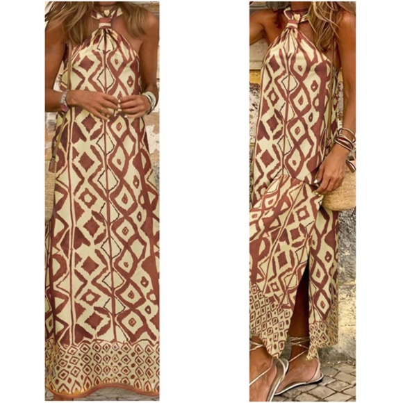 Dresses | Boho Color Block Halter Cami Split Hem Maxi Dress | Poshmark